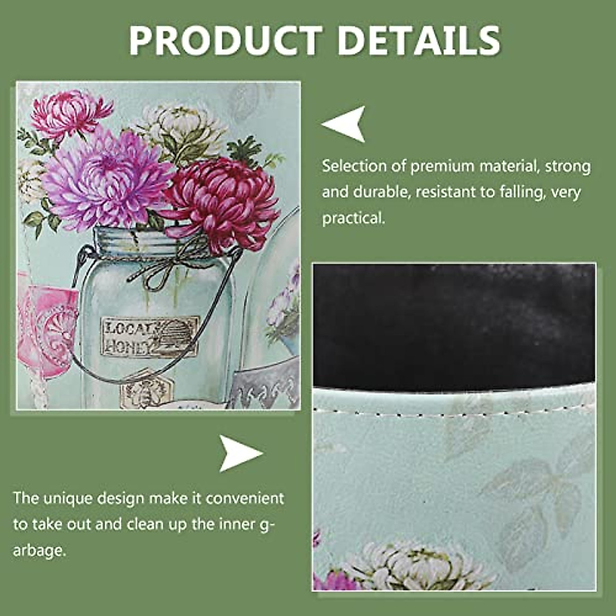 Zerodeko Small Trash Can, 10L/2.64 Gallon PU Leather Wastebasket Retro Decorative Waste Bin with Flower Patterned, Garbage Container for Bathroom, Bedroom, Kitchen, Home, Office