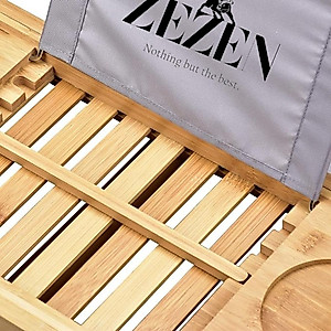 ZEZEN Bamboo Bath Caddy Tray | 100% Natural Bamboo Wooden Bathtub Tray with Book & Tablet Stand | Luxury Wine Glass Candle Holder | Natural Wood | Extendable Organiser for Bathroom Jacuzzi