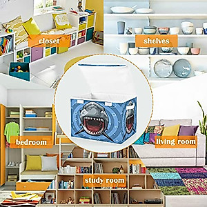 CaTaKu Sea White Shark Storage Bins with Lids and Handles, Fabric Large Storage Container Cube Basket with Lid Decorative Storage Boxes for Organizing Clothes