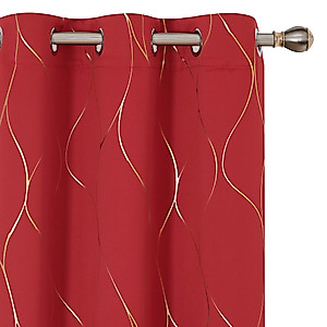 Deconovo Gold Wave Print Blackout Curtains for Bedroom, Thermal Insulated Curtains for Living Room, Room Darkening Drapes (Red/Wave, 42x63 Inch, 2 Panels)