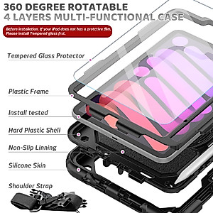 Blosomeet iPad Mini 6 Case 8.3" 2021 with Tempered Glass Screen Protector Pencil Holder [360 Rotating Hand Strap] &Stand, Heavy Duty Case for iPad Mini 6th Generation | Black