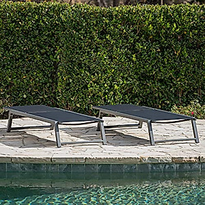 Christopher Knight Home Myers Outdoor Mesh Chaise Lounges with Aluminum Frame, 2-Pcs Set, Black Mesh / Grey