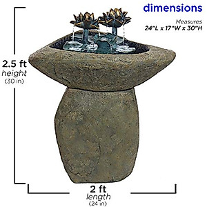 Alpine Corporation 30" Tall Outdoor Pedestal Lotus Rock Waterfall Fountain with LED Lights, Brown/Gray