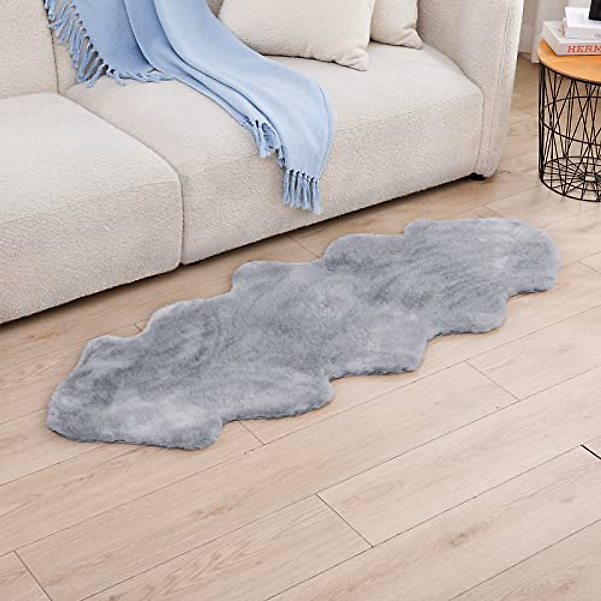 Vamcheer Faux Rabbit Fur Rug - 2x6 Feet Super Soft Fur Bedside Rugs, Light Grey 800GSM Comfy Fluffy Shaggy Furry Area Rugs for Bedroom Floor Sofa Living Room, Non-Slip Plush Fuzzy Runner Rugs Carpet