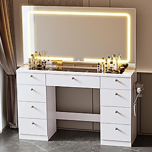 JassmiPkwy Makeup Vanity Desk with Mirror - 46 INCH Glass Tabletop Vanity Table with Lights, Drawers, Power Outlet, Large Storage Desk for Bedroom, White