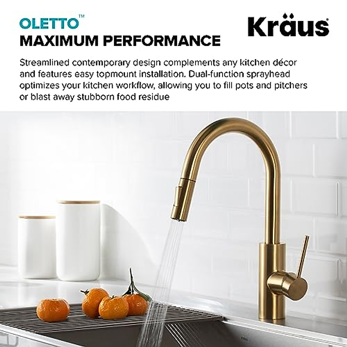 KRAUS Oletto Pull-Down Kitchen Faucet and Purita Water Filter Faucet Combo in Brushed Brass, KPF-2620-FF-100BB