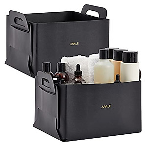 2 Pack Faux Leather Foldable Storage Bins with Handles, Collapsible Baskets for Home Organization (Black, 10 x 6.5 In)