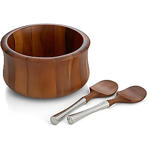 Nambe - Nara Collection Natural Acacia Wood Salad Bowl and Servers with Nambe Alloy Handles (10.5" x 5.5")