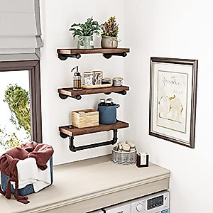 BOSURU Industrial Iron Pipe Shelves Wall Mount Wood Floating Shelf Rustic DIY Storage Shelving with Towel Rack for Bathroom,Living Room,Bedroom(Black,3-Tier)