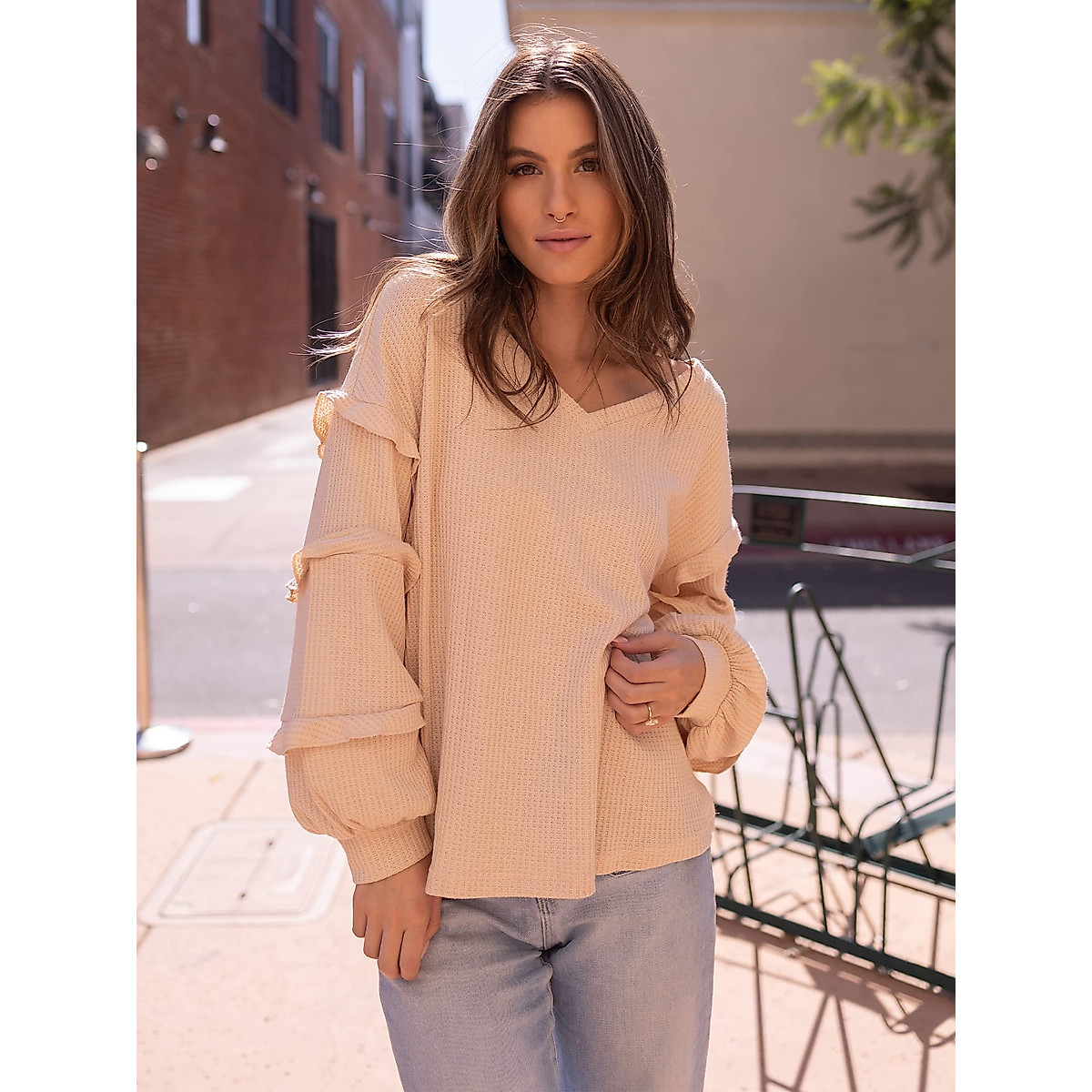 BTFBM Women’s V Neck Long Sleeve Blouse Loose Fit Tunics Ruffles Off Shoulder Waffle Knit Solid Color Tops Fall Tee Shirts(Solid Apricot,X-Large)