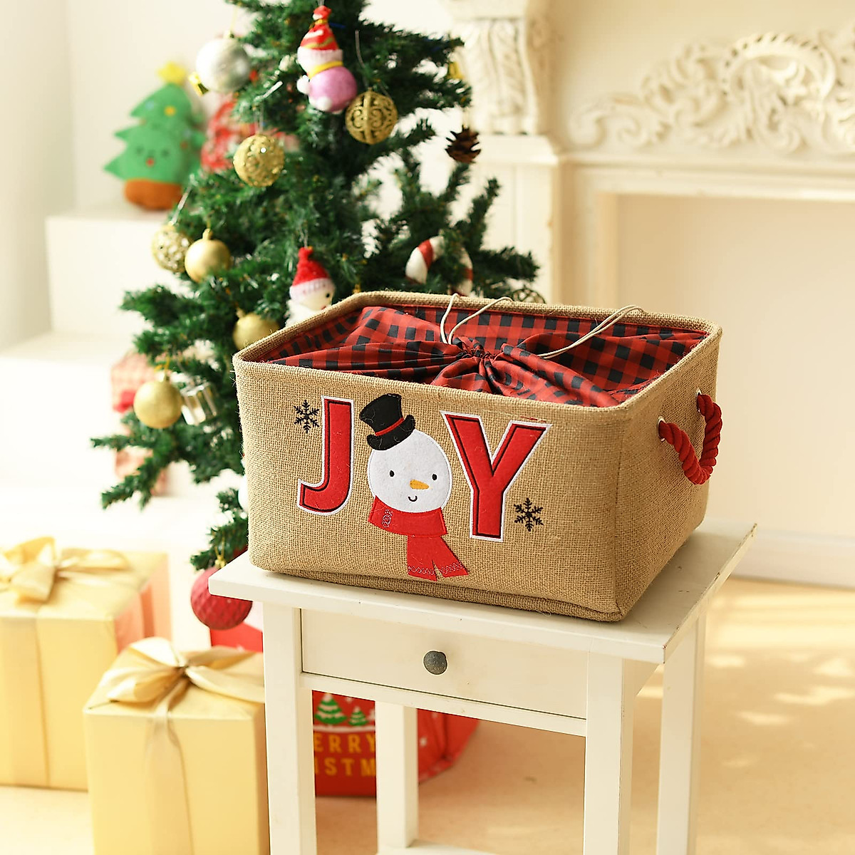 INough Gift Baskets Empty Large Christmas Basket Christmas Empty Christmas Gift Baskets with Handles Collapsible Christmas Storage Baskets, Holiday Baskets for Kidsroom Nursery Play Room (Large, Joy)