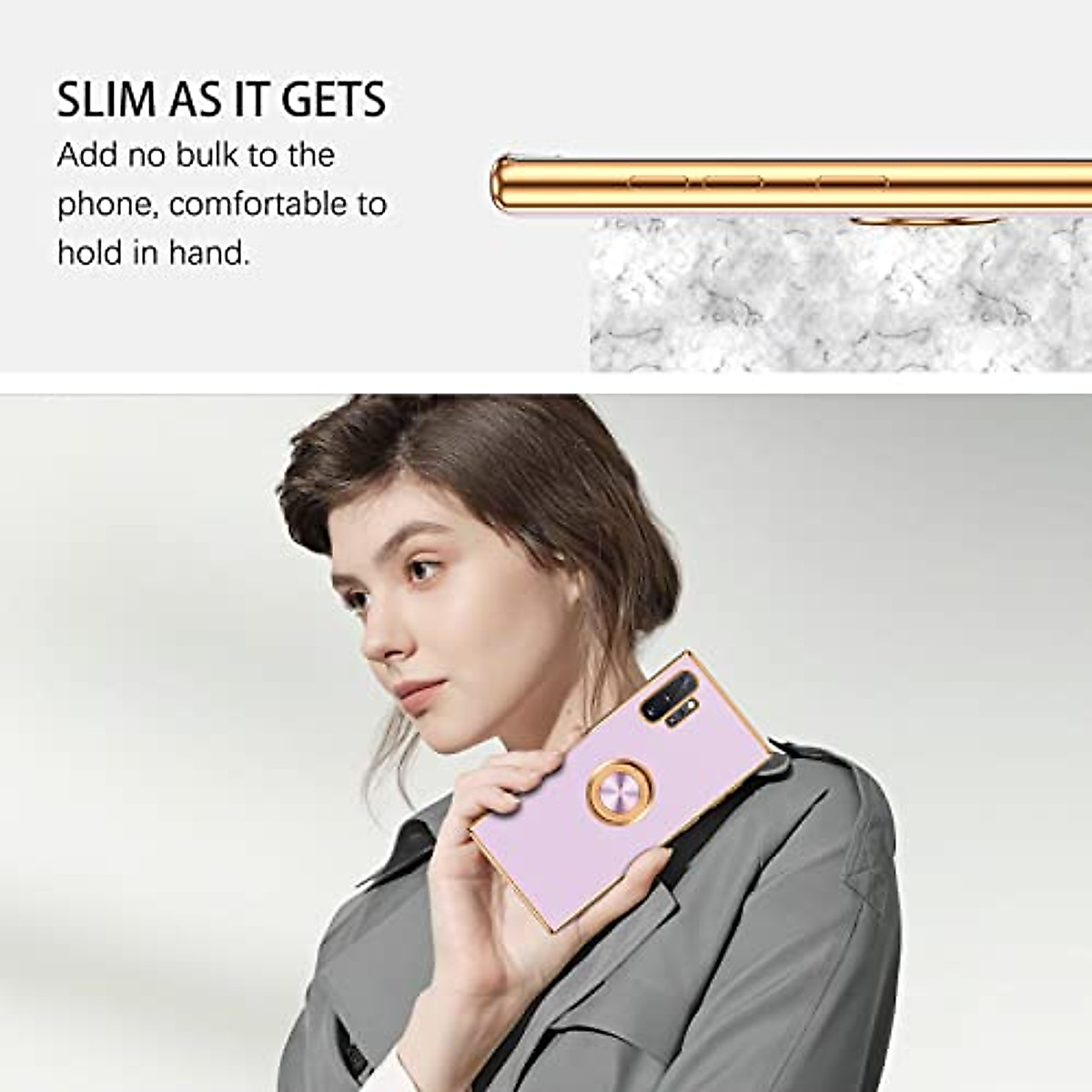 DUEDUE for Samsung Galaxy Note 10 Plus Case with Ring Holder Kickstand 360 Degree Rotation Magnetic Car Finger Slim Cover Shockproof Protective Phone Case for Samsung Note 10 Plus, Light Purple