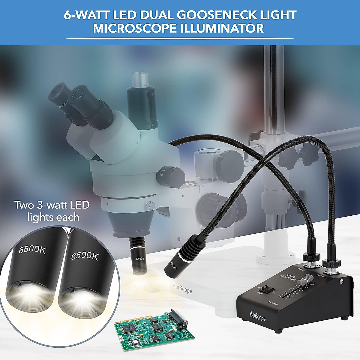 AmScope LED-6W Powerful 6 Watt LED Dual Gooseneck Lights Illuminator, Black, 1 Count (Pack of 1)