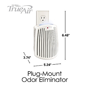 Hamilton Beach TrueAir Plug-Mount Air Freshener Odor Eliminator for Common Household-Tobacco, Pet, Bathroom & Trash, On/Off Fan, with Nightlight and Carbon Filter + Green Meadow Cartridge, White