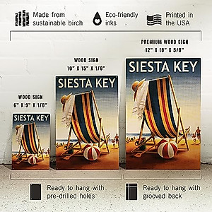 Lantern Press 6x9 Inch Wood Sign, Ready to Hang Wall Decor, Siesta Key, Florida, Beach Chair and Ball