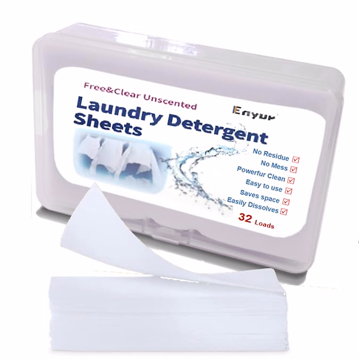 Laundry Detergent Sheets by Enyur, Laundry Sheets for Traveling, No Scent, Free and Clear For Borh Travel and Home Use - 1 Pack / 32 Loads