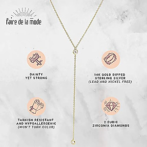 Dainty Drop Gold and Sterling Silver Adjustable Lariat Necklace for Women with Diamond, Simple Y Necklace Choker (Gold, Double CZ Lariat)