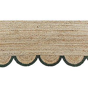 THE PIKKU INTERNATIONAL - Handmade Jute Rug Beige with Scallop Green Border Rectangle Hand Woven Farmhouse Jute Area Rug (7 x 11 ft)