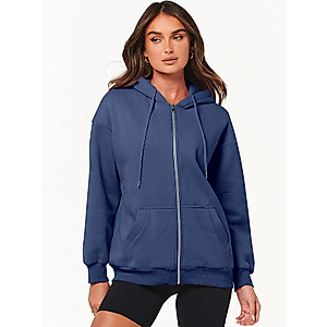 ANRABESS Womens Zip Up Hoodies Long Sleeve Oversized Sweatshirts Fleece Y2K Jacket Pockets 2025 Fall Outfits Fashion Clothes Navy Blue Small