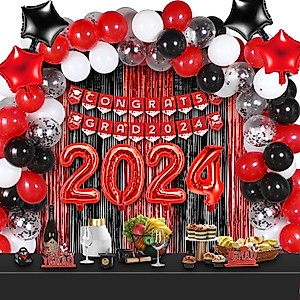 BBTO Graduation Decorations 2024 Graduation Party Supplies Congrats Grad Banner Confetti Star Balloons Foil Fringe Curtain Tablecloth for College High School Grad Decor (Red, Black)