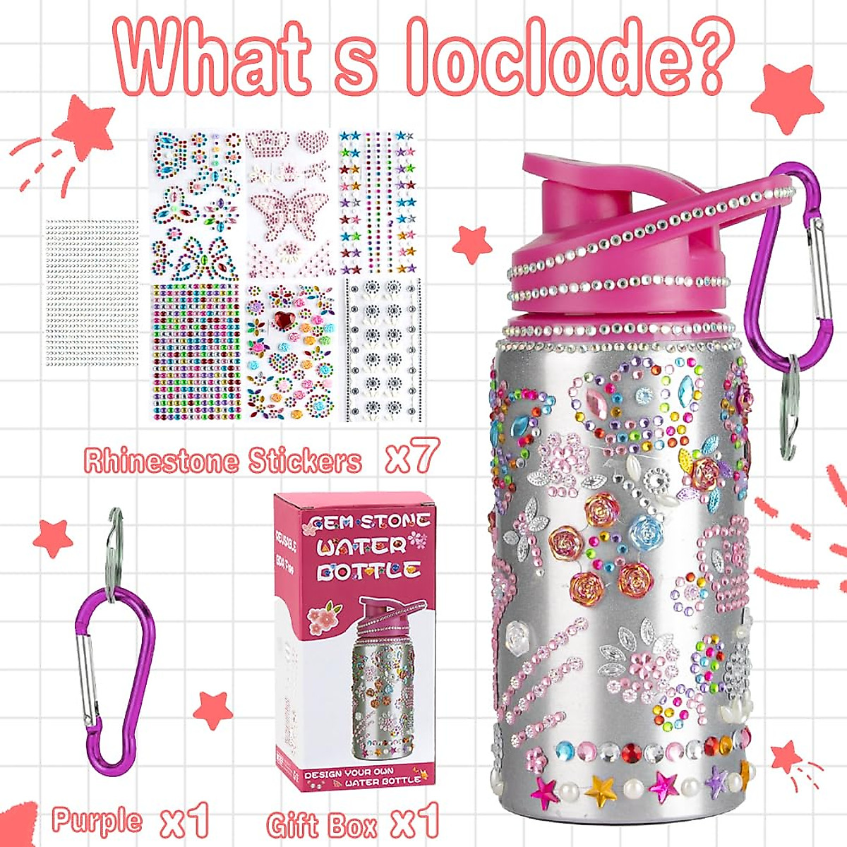 Easter Gifts for Girls, Decorate Your Own Water Bottle Kits for Girls, Birthday Gifts Age 5 6 7 8 Year Old, Arts and Crafts for Toys Kids Ages 6-8 Water Bottles Gift Ideas for School, Pink