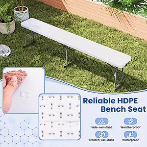 Tangkula 6 FT Plastic Folding Bench, Foldable Bench Seat with Carry Handle, Non-Slip Mat, Indoor & Outdoor HDPE Portable Outdoor Bench for Soccer Sports Picnic Camping, White