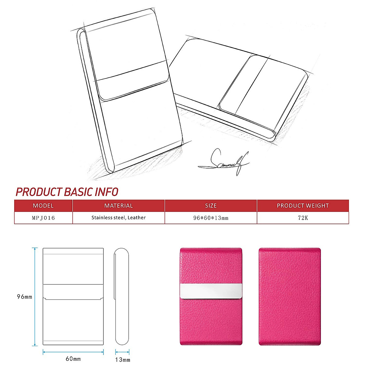 Padike PU Leather Business Card Holder for Women Professional Business Name Card Holder Stainless Steel Business Card Case with Magnetic Shut (Rose red)