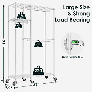 Memobarco Clothing Racks with Wheels for Hanging Clothes with Shelves, Closet Organizers and Storage Metal Heavy Duty,Rolling Wardrobe Garment-Rack Metal Wire Shelving Freestanding, White