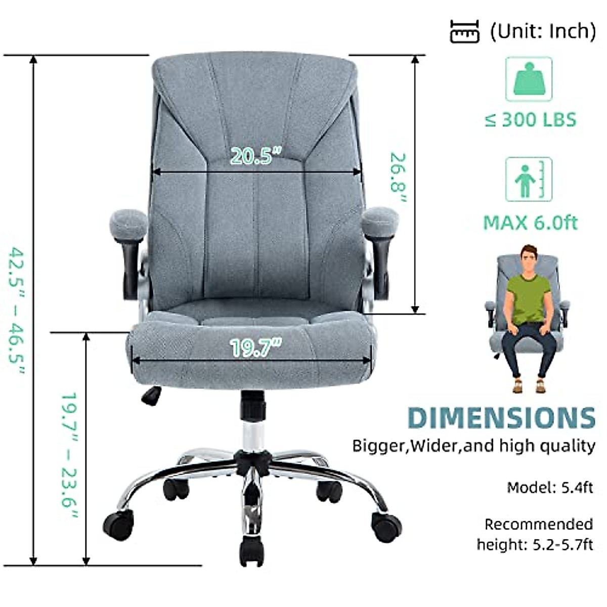 SEATZONE Home Velvet Office Chair, Comfortable Fabric Computer Desk Chair with Wheels, Executive Chair with Adjustable Height and Lumbar Support, Grey