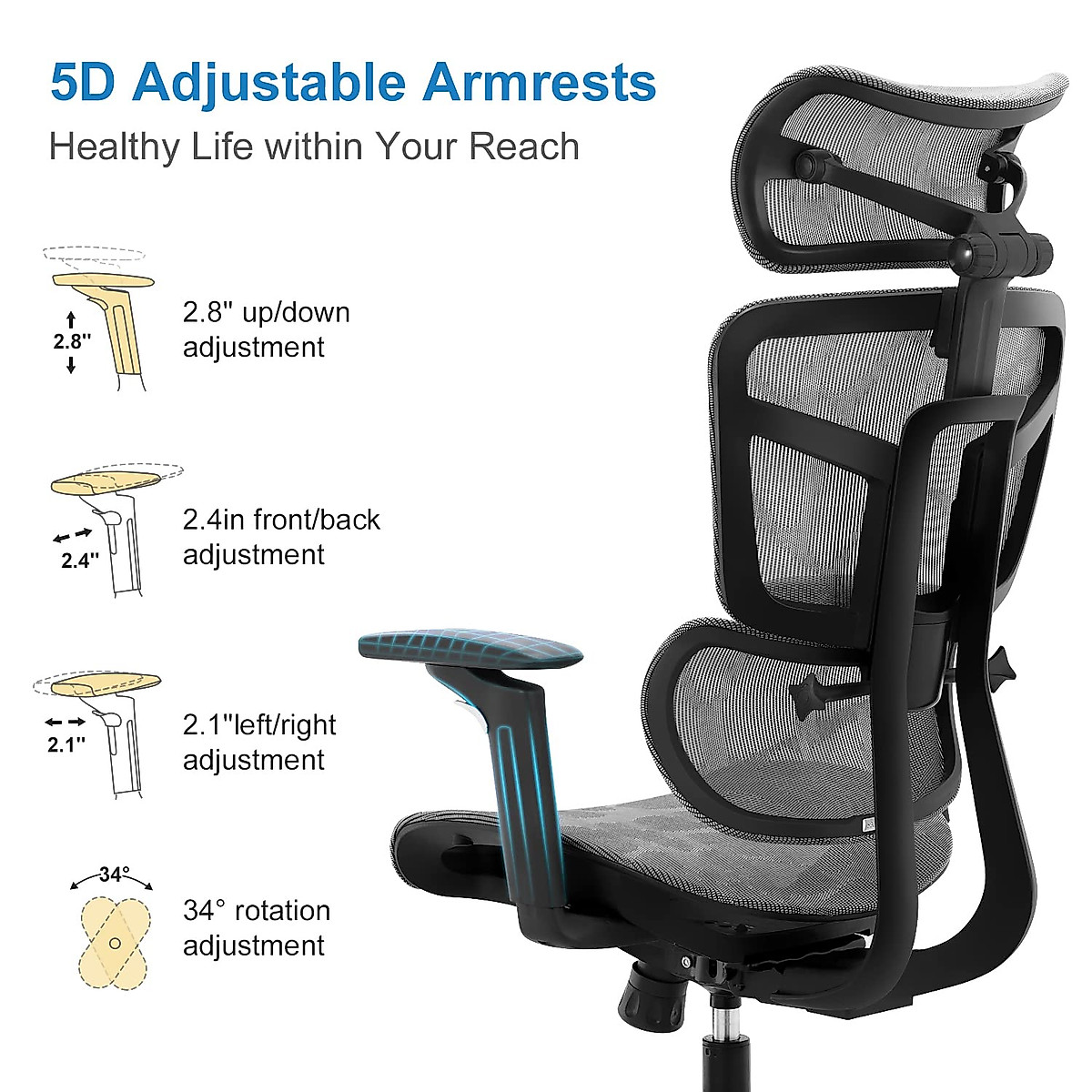 Ergonomic Office Chair, High Back Office Chair, Big & Tall Mesh Computer Chair with Lumbar Support/Headrest/5D Armrests, Executive Desk Chair with Adjustable Height for Home Office/Learning/Conference
