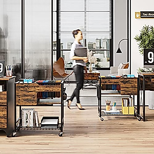 Bestier Rolling File Cart with Wheels Hanging Files, Legal & Letter Size Mobile Office File Organizer Cart with Open Storage Shelves and 2 Hooks (Rustic Brown, 16" D x 24" W x 27" H)