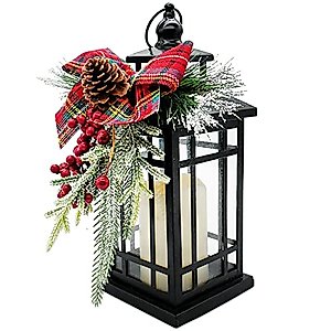 Christmas Decorative Lantern w/LED Flickering Flameless Candle - 14 Inch, Antiqued Vintage Lantern with Xmas Ornament for Outside Indoor Table Holiday Party Decoration