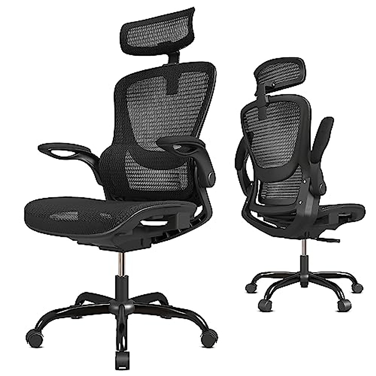 GABRYLLY Ergonomic Office Desk Chair, High Back Mesh Chair with Adjustable Flip-up Arms & Headrest, Swivel Computer Task Chair with Lumbar Support, Tilt Function for Home,Office & Student(Black)