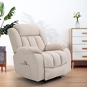 HOMHUM Massage Recliner Chair, Linen Fabric Recliner Chair modern rocker recliner chair with Heat and Vibration Function, Side Pockets Sofa Chair for Home Theater, Living Room, Beige