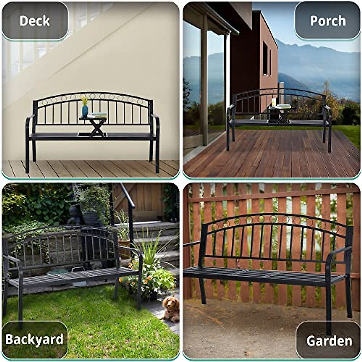 LETKIND 59" Outdoor Metal Bench Table Patio Garden Benches 3-Seater with Steel Frame for Porch, Backyard, Park