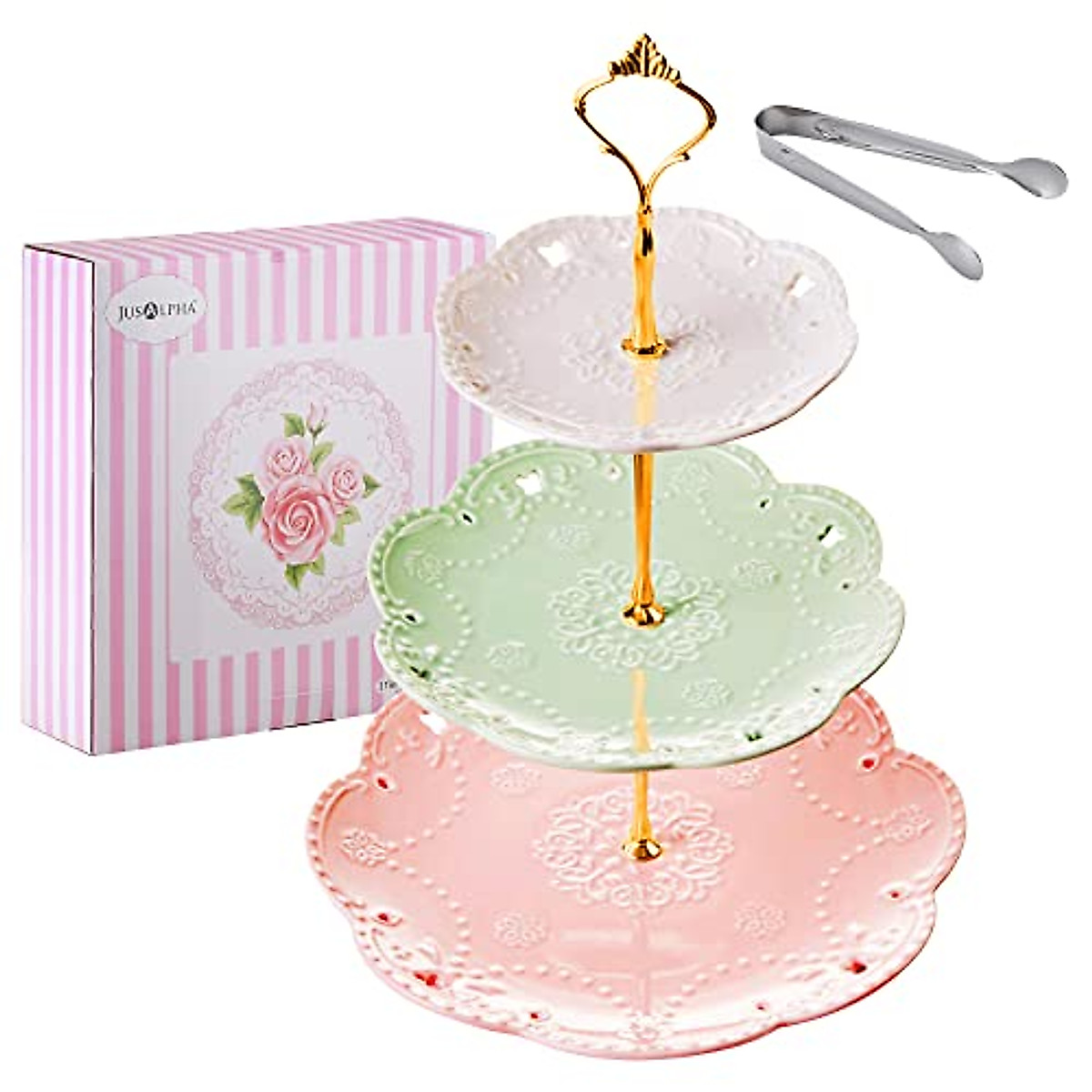 Jusalpha 3-Tier Porcelain Cake Stand-Dessert Stand-Cupcake Stand-Tea Party Serving Platter (3 Color-Gold)