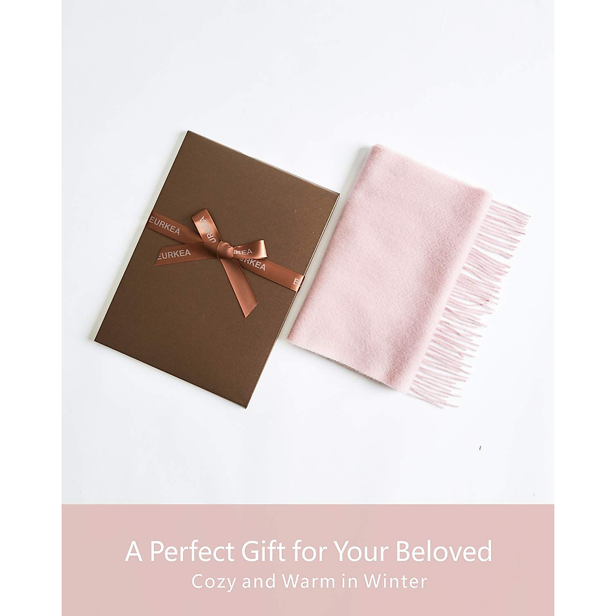 EURKEA 100% Cashmere 2024 Winter Scarf for Women, Fringed Edges, Warm & Soft, Lightweight, Gift Ready, Solid/Plaid/Two-Tone, Pink, Free Size