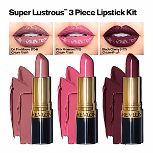 Revlon Super Lustrous 3-Piece Lipstick Gift Set, High Impact, Moisturizing, Cream Finish, 764 On The Mauve, 778 Pink Promise, 477 Black Cherry, 0.45 Oz