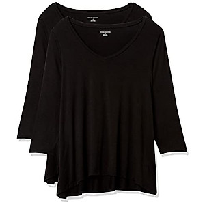 Amazon Essentials Women's 3/4 Sleeve V-Neck Swing T-Shirt (Available in Plus Size), Pack of 2, Black, 3X