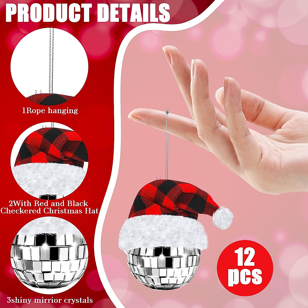 12 Pcs Mini Disco Ball Christmas Ornaments Disco Mirror Ball Tiny Disco Ball Bright Reflective Mirror Christmas Balls for Christmas Disco Party Decoration 1.97'' (Silver,Ball with Plaid Santa Hat)