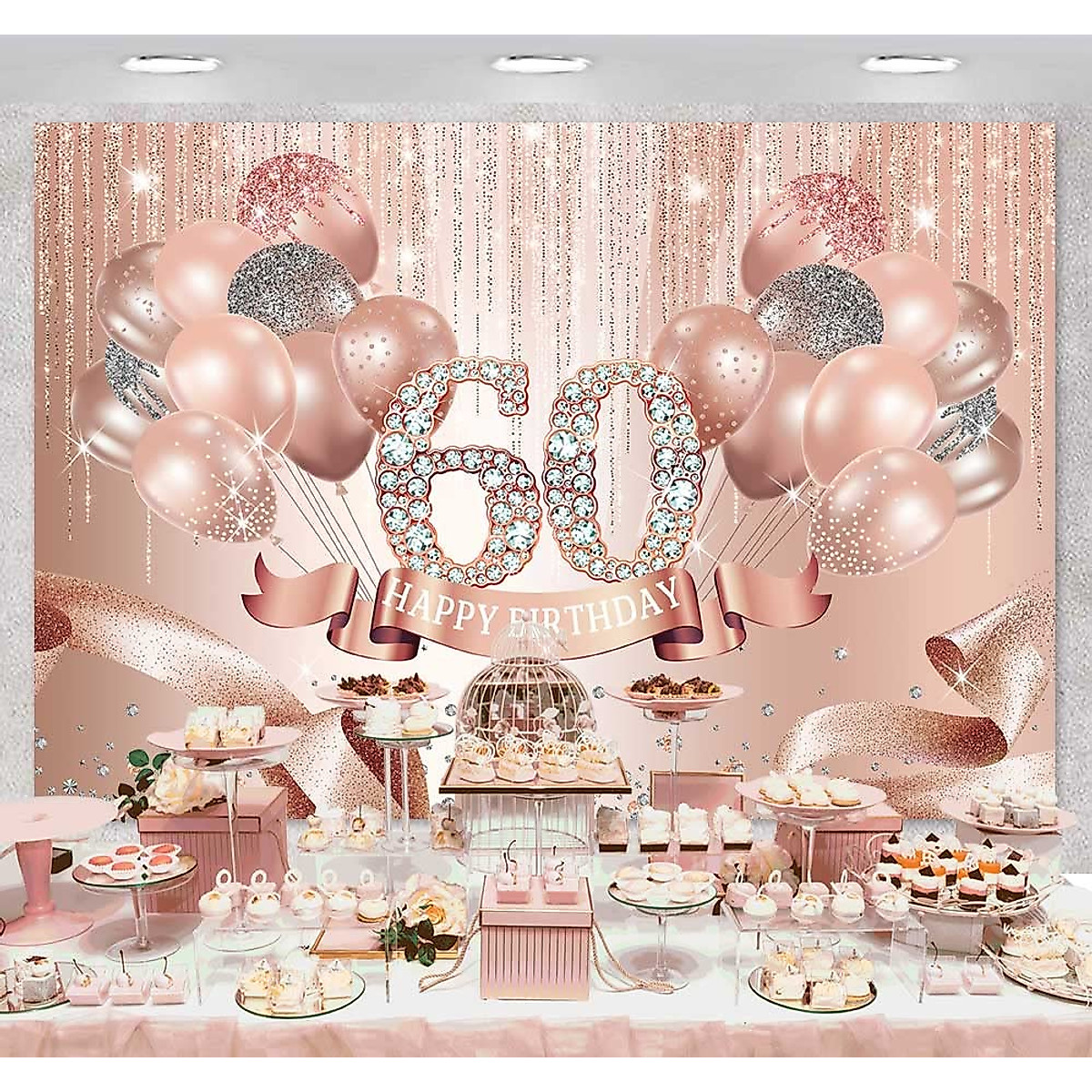 Sensfun Rose Gold Happy 60th Birthday Backdrop Decorations for Women Pink Glitter Ribbon Balloons Dots Photography Background Shining Diamond Sixty Years Old Party Banner Photo Studio Props 7x5ft