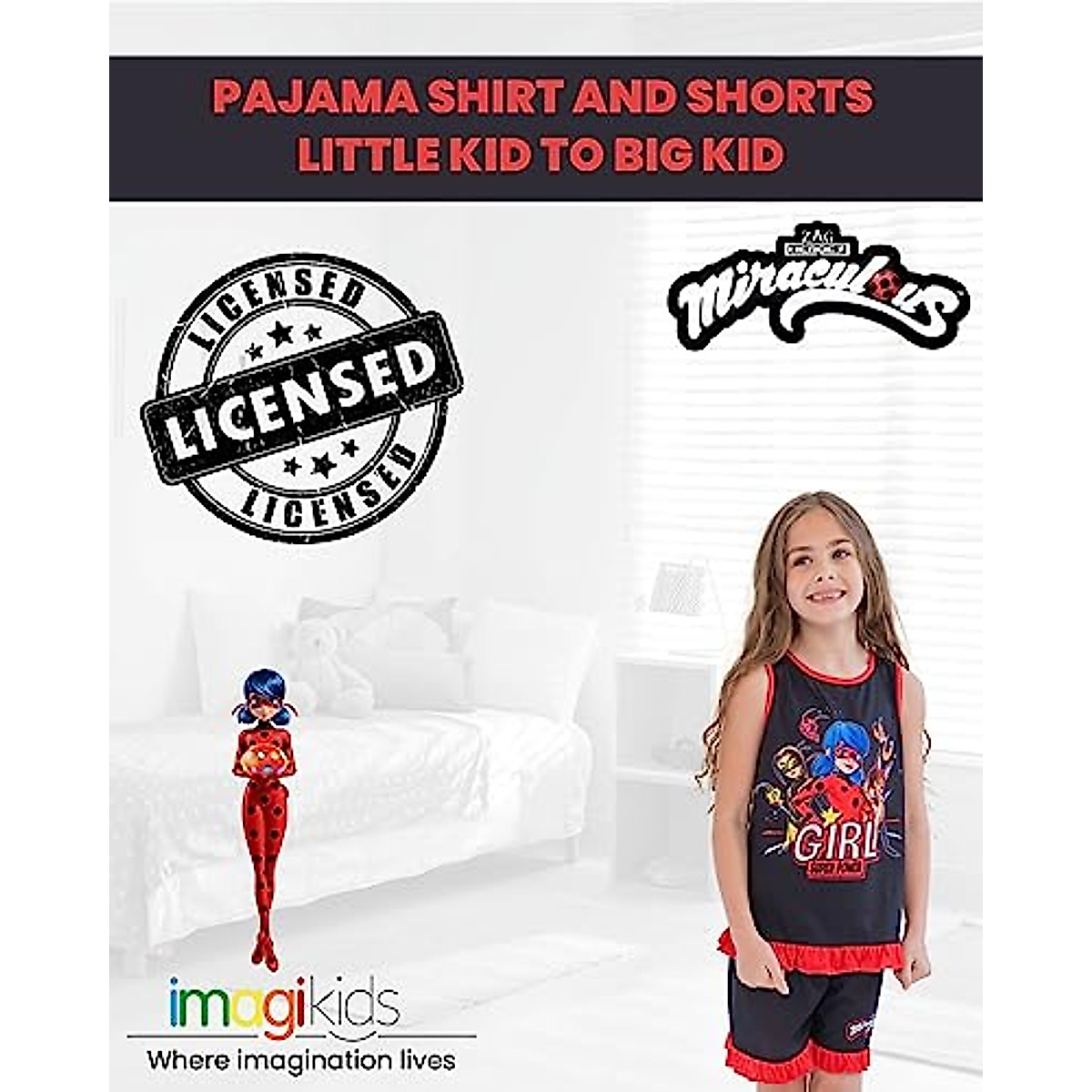 Miraculous Ladybug Rena Rouge Little Girls Ruffle Tank Top Shirt & Pajama Shorts Set 5 Black