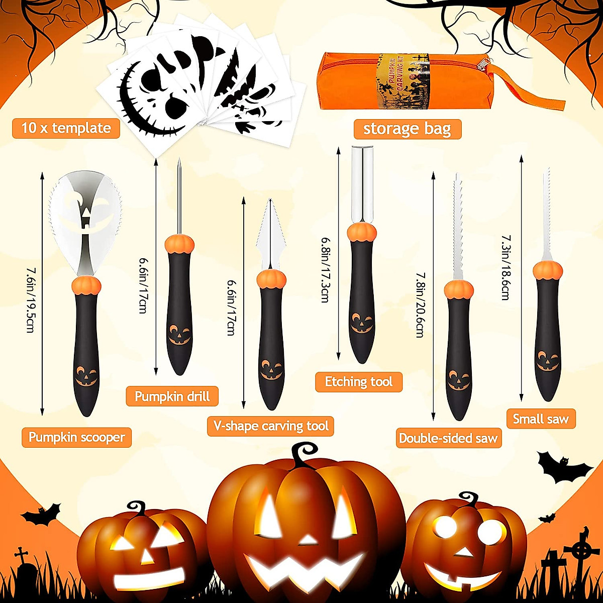 Sakmilu Halloween Pumpkin Carving Kit - 6 Pcs Pumpkin Carving Tools Stainless Steel with Stencils Storeage Bag for Halloween Decoration Jack-O-Lanterns