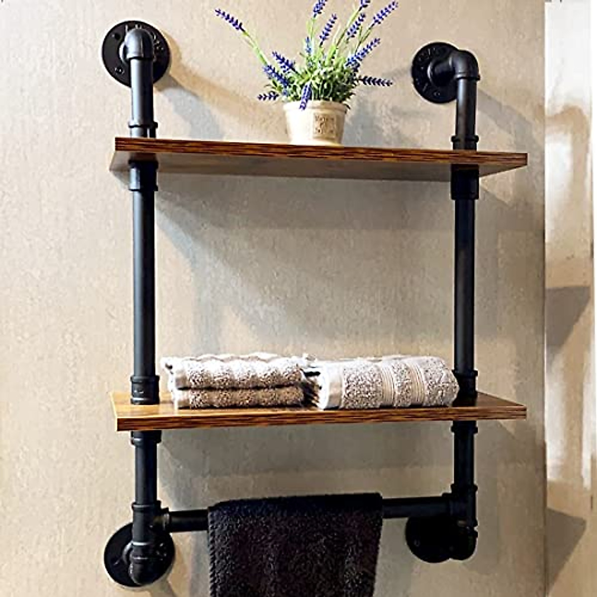 KES Bathroom Shelves Industrial Pipe Shelving Pipe Shelves 19-Inch Shelves with Bar for Bathroom Wall Rustic Farmhouse Industrial 2 Tier Iron Wall Mounted Black, BTR501S48-BK