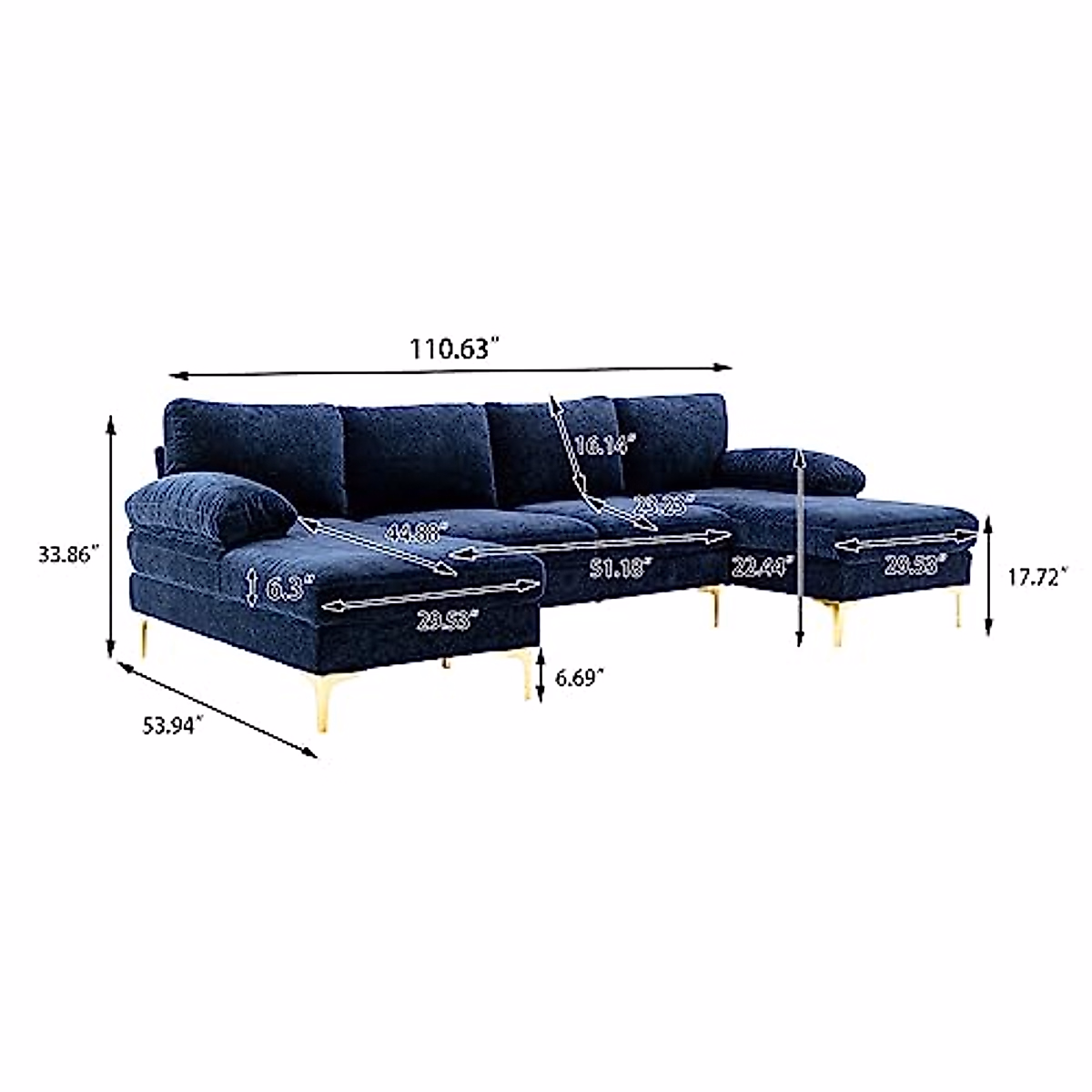 Zaboro 110" U-Shaped Sectional Sofa, 4-Seater Modular Sofa Couch with Double Chaises, Velvet Accent Sofa with Golden Metal Legs & Armrest Pillows, for Living Room, Apartment and Office,Navy Blue
