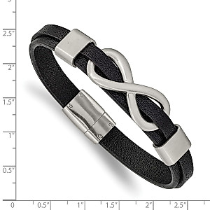 9.2mm Chisel Stainless Steel Brushed and Polished Infinity Symbol Black Leather Bracelet 8 Inch Jewelry for Women
