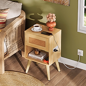 WLIVE Rattan Nightstand with Charging Station, Boho Night Stand, Small Bedroom Side Table, End Table with Drawer and Storage, Wood Bedside Table for Bedroom, Small Spaces, Natural Oak