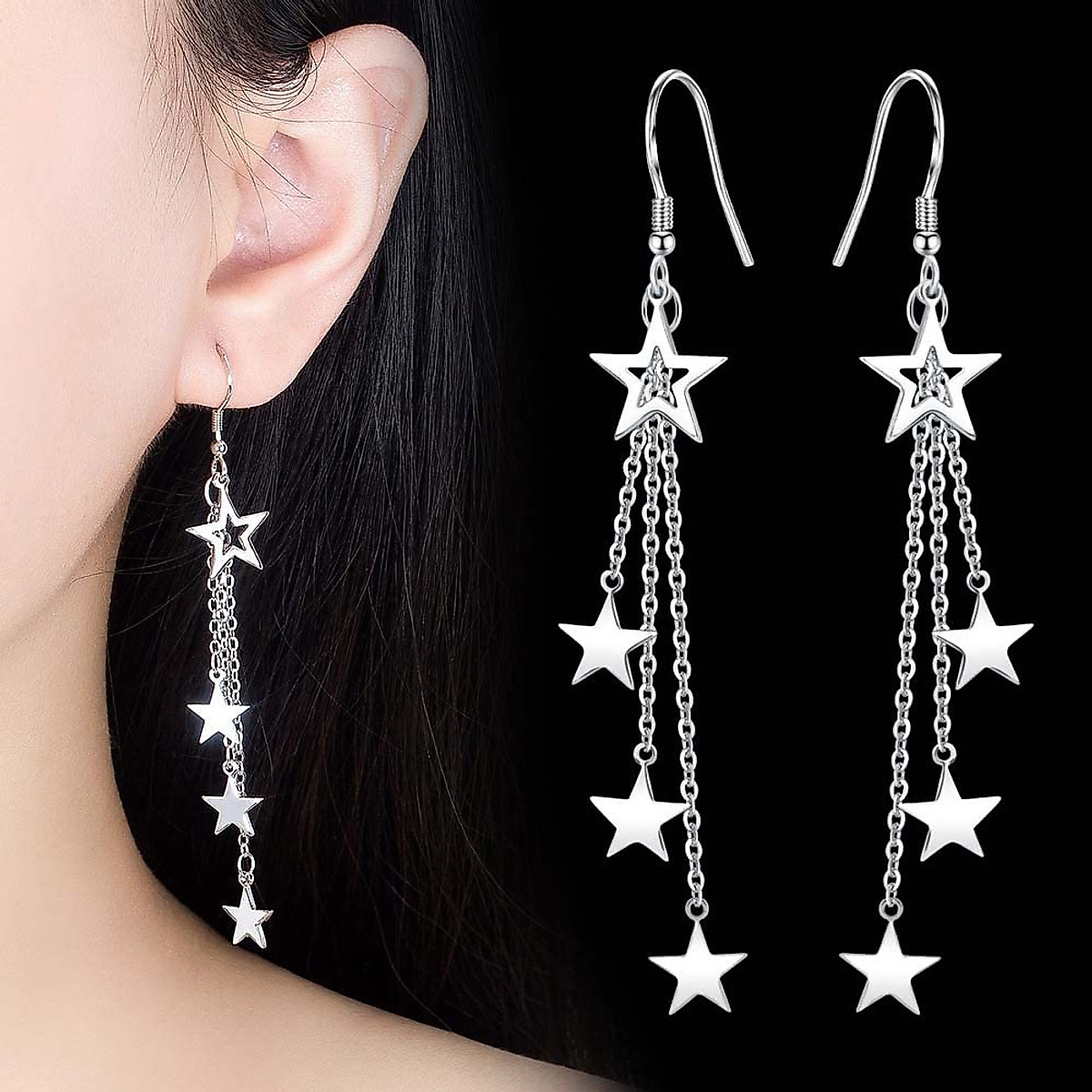 Temperament Long Star Tassel Drop Dangle Earrings for Women Five-Pointed Star Stud Earrings Shiny Starlight Hollow Star Earrings (Silver)