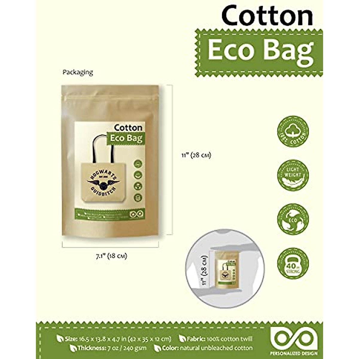 Personalized.Design Tote Bag ''Quidditch - Hogwarts. Est.1092'' - Harry Potter Cotton Canvas Organic Shoulder Craft Bag - Christmas Gifts Purse, Beige (ECBG-007)