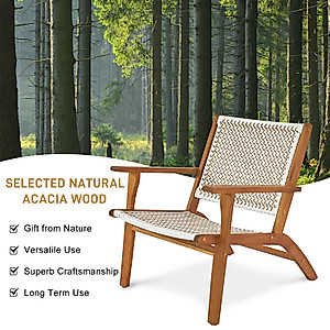 VINGLI Outdoor Lounge Chair Acacia Wood Chair, Woven Outdoor Chair Mid Century Reclining Chair for Patio Lawn Garden Backyard Deck Balcony